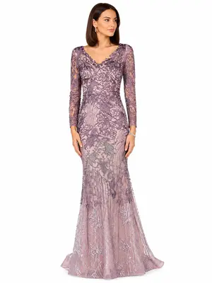 LARA NEW YORK Long Sleeve V-neck Mermaid Gown