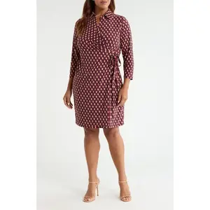 Anne Klein Geo Print Knit Wrap Dress - Rust Multi