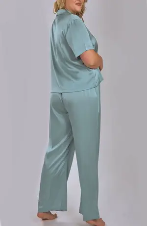 ICOLLECTION Stretch Satin Pajama Set With Button-down Top