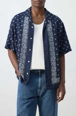 Mango Paisley Bandana Print Camp Shirt - Navy