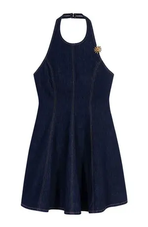 Maje Denim Halterneck Dress With Brooch Detail - Navy