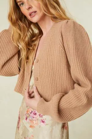 LoveShackFancy Avignon V-Neck Crop Cardigan  Fawn