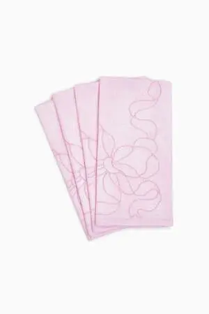 LoveShackFancy Embroidered Linen Bow Napkins Set Of 4 - Subtle Pink