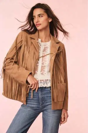 LoveShackFancy Geraline Suede Fringe Jacket - Camel