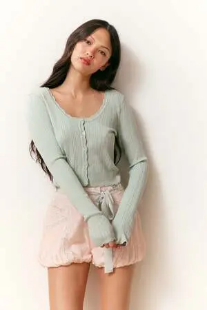 LoveShackFancy Martti Stretch Pointelle Cardigan - Eau De Nil