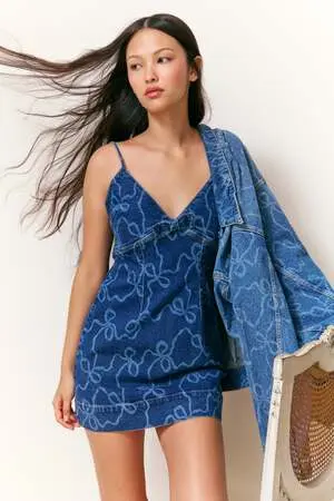 LoveShackFancy Solina Denim Bow Mini Dress - Bow Chambray