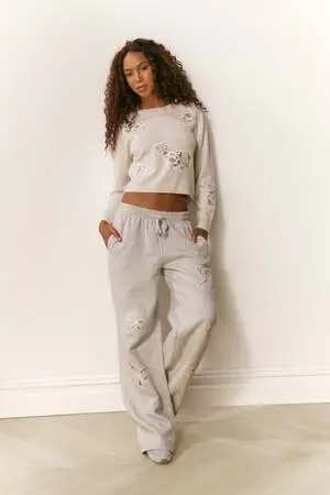 LoveShackFancy Elma Lace Bow Sweatpants - Heather Grey