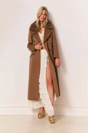 LoveShackFancy Char Faux Fur Collar Wool Coat - Camel