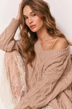 LoveShackFancy Croisette Cashmere Cable Knit Pullover - Camel Melange