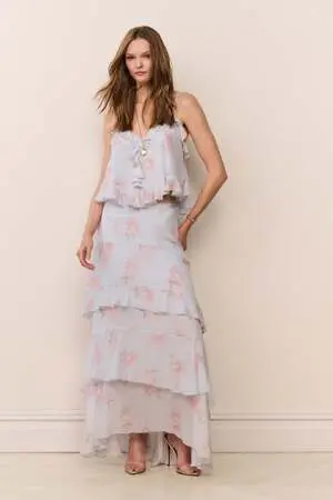 LoveShackFancy Soleia Floral Chiffon Maxi Skirt - Blue Roan
