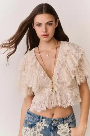 LoveShackFancy Caper Lace Ruffle Crop Top - Nude