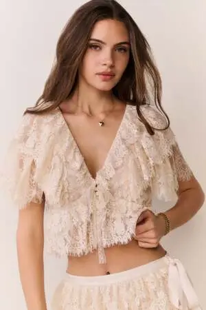LoveShackFancy Caper Lace Ruffle Crop Top - Nude