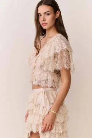 LoveShackFancy Caper Lace Ruffle Crop Top - Nude