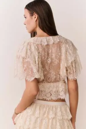LoveShackFancy Caper Lace Ruffle Crop Top - Nude