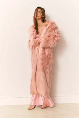 LoveShackFancy Valia Long Faux Fur Coat - Dusty Pink