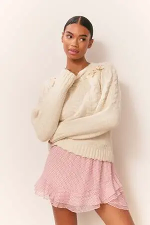 LoveShackFancy Sloanna Knit Cotton Ribbon Pullover - Ivory