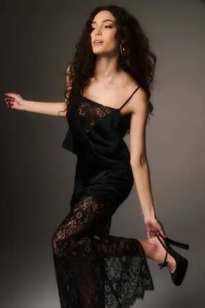 LoveShackFancy Ilene Satin & Lace Maxi Skirt - Black