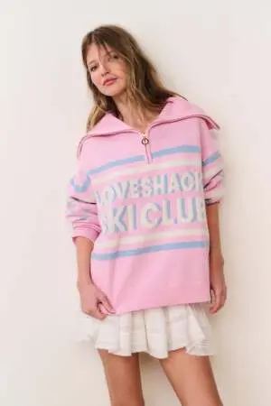 LoveShackFancy Mitsy Wool Ski Club Sweater - Frozen Lychee