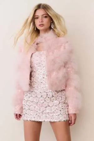 LoveShackFancy Curran Feather & Sequin Jacket - Pink