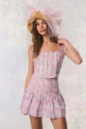 LoveShackFancy Re-edition Georgie Floral Cotton Bustier - Coffee Cake