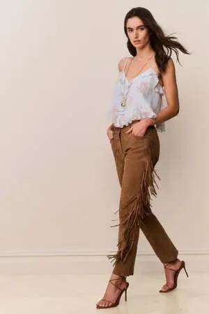 LoveShackFancy Jenya Suede Fringe Pant - Tan