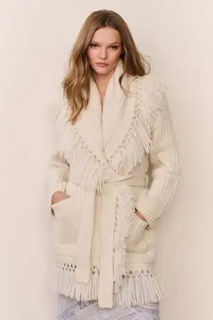 LoveShackFancy Daphira Fringe Alpaca Wrap Cardigan - Ivory