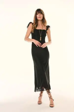 LoveShackFancy Karmine Lace Ruffled Sleeve Slip Dress - Black