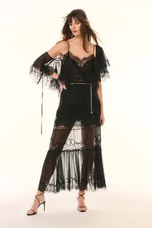 LoveShackFancy Aureline Silk Lace Pleated Maxi Skirt - Black