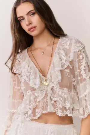 LoveShackFancy Vessia Sheer Embroidered Mesh Top - Ivory