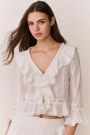 LoveShackFancy Olenna Cotton Victorian Ruffle Top - White