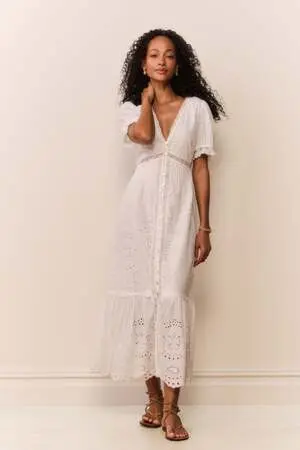 LoveShackFancy Tarragon Cotton Bandana Eyelet Midi Dress  White