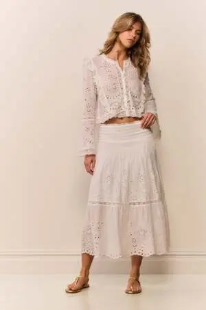 LoveShackFancy Mallow Cotton Bandana Eyelet Midi Skirt - White