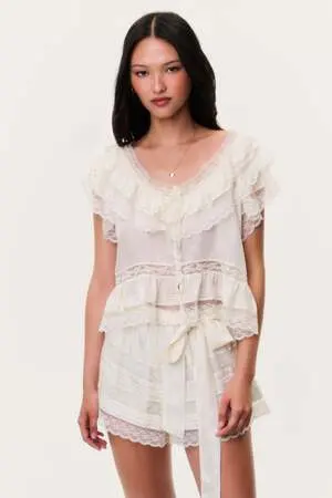 LoveShackFancy Persine Silk Ruffle Top - Ivory