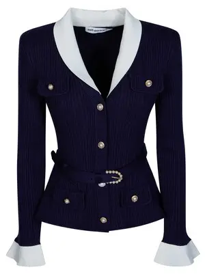 SELF-PORTRAIT Ribbed Knit Cardigan With Belted Waist - Blu
