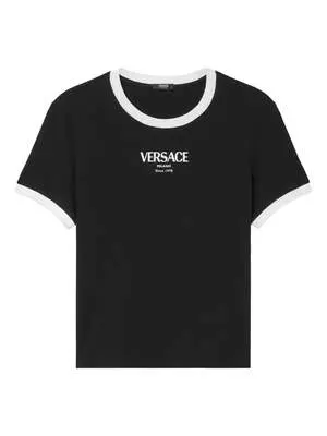 Versace Logo Motif Short-sleeve Crewneck Top With Ribbed Trims - Nero