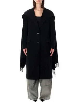 Attico Long Wool-blend Coat With Fringed Scarf