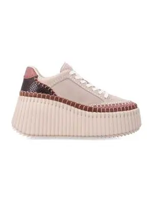 Chloé Nama Wedge Sneakers With Embossed Leather Inserts - Marrone