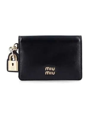 Miu Miu Mini Cardholder Wallet In Calf Leather With Gold-tone Logo & Padlock Charm