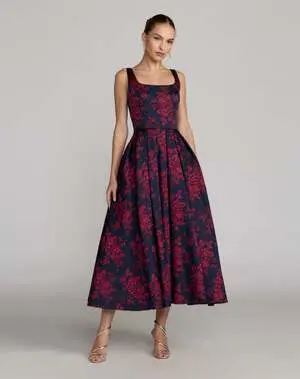 Mac Duggal Navy Brocade Floral A-line Dress With Pockets