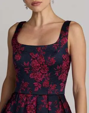 Mac Duggal Navy Brocade Floral A-line Dress With Pockets