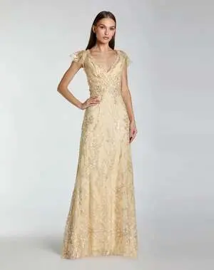 Mac Duggal Petite V-neck Flutter Sleeve Floral Embroidered Gown - Gold