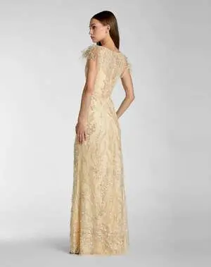 Mac Duggal Petite V-neck Floral Embroidered Gown - Gold