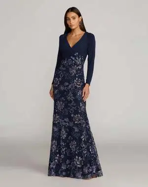 Mac Duggal Floral Sequin Embellished Gown - Navy