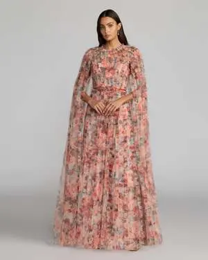 Mac Duggal Floral Sequin Embellished Cape Sleeve Gown