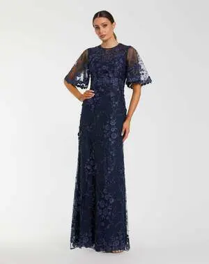Mac Duggal Petite Flutter Sleeve Floral Embroidered Net Gown - Navy