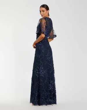 Mac Duggal Petite Flutter Sleeve Floral Embroidered Net Gown