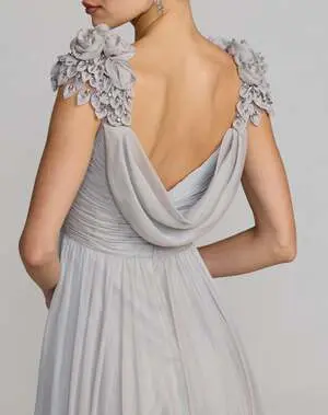 Mac Duggal Gray Chiffon Cowl Neck Embellished Cap Sleeve Gown
