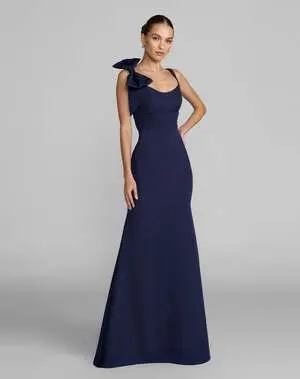 Mac Duggal Petite Scoop Neck Trumpet Gown With Bow - Navy