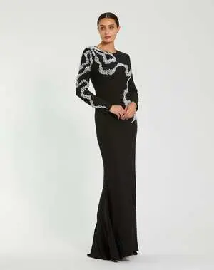 Mac Duggal Petite Jersey Evening Gown With Beaded Swirl Detail - Black