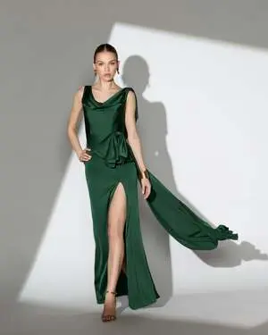 Mac Duggal Green Draped Cowl Neck Gown With Side Slit